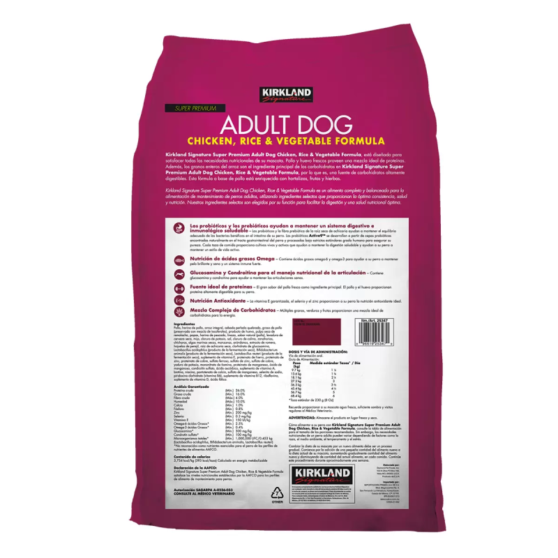 Kirkland Signature Alimento para Perro Adulto sabor Pollo y Arroz 18.1kg